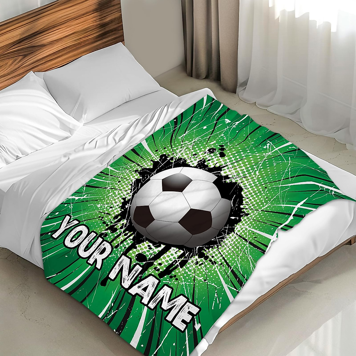 FLEXIMX Personalized Soccer Blanket Gifts for Boys Girls Soccer Team, Sports Throw Blanket for Soccer Lovers Kids Adults Teens, 50x60 Inches Green Flannel Blankets Stuff for Couch Sofa Bed
