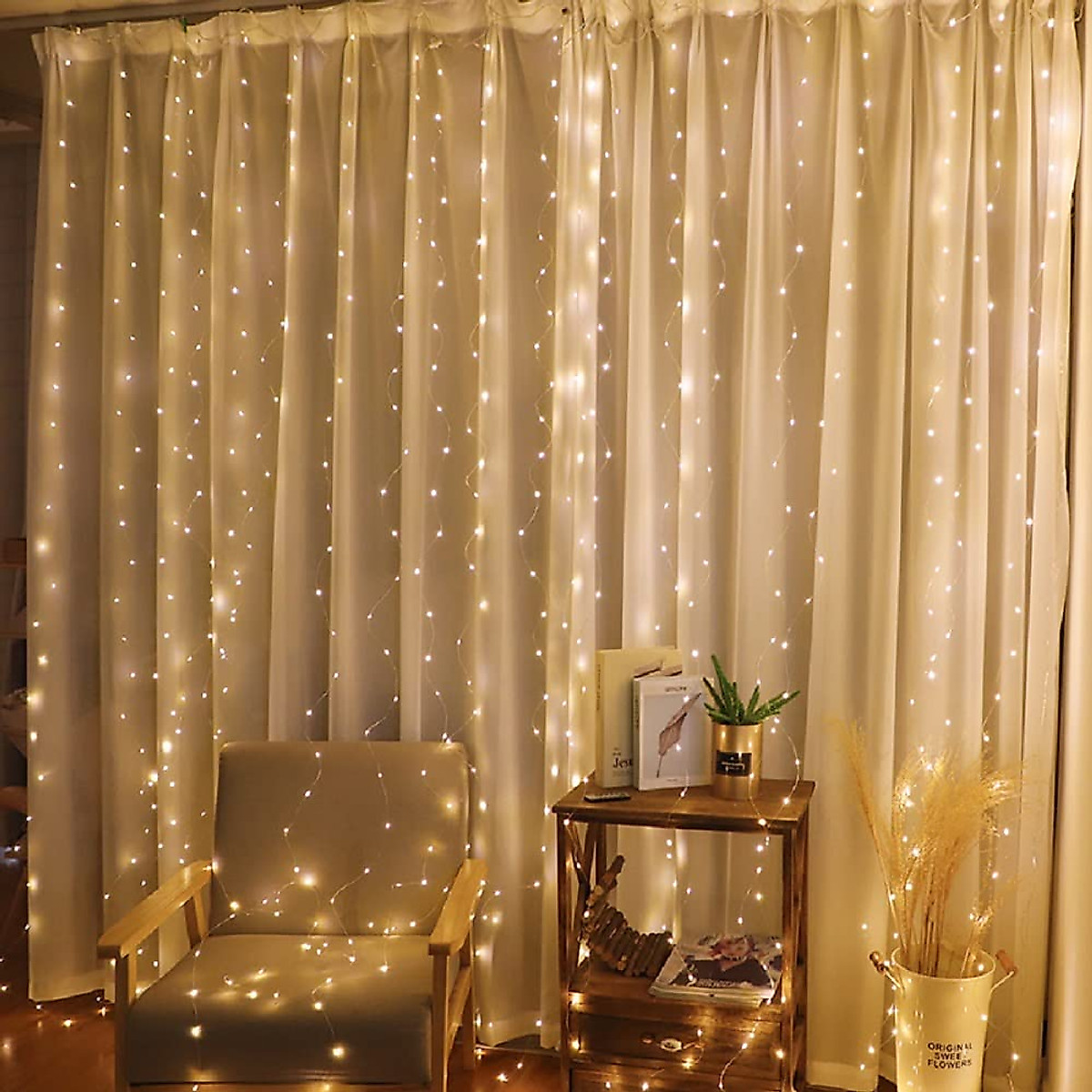 n Led Curtain Lights 9.8 ft and connectable with 300 led ,8 Modes USB with Remote,Waterpoorf for Christmas Bedroom Party Wedding Home Garden Wall Decorations(Warm White)