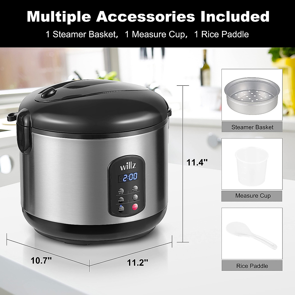 Willz Rice Cooker, Slow Cooker, Food Steamer & Warmer, 12 Cup Cooked/ 6 Cup Uncooked, with 5 Preset Programs, Non Stick Bowl & Steam Basket, Stainless Steel
