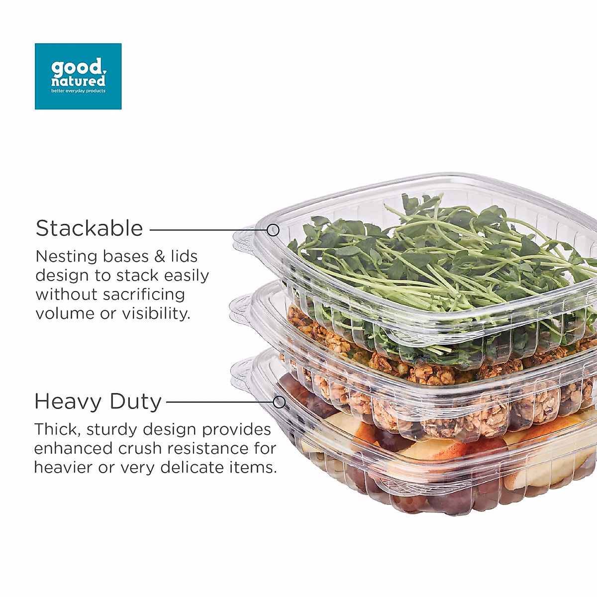 good natured 16 oz. 200 Pack - Multi-purpose Clamshell Package – 99% Plant-Based Clear Food Storage Containers – Lightweight To-Go Boxes - BPA - Free Food Packaging