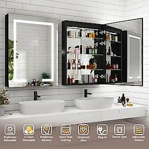 Klajowp LED Lighted Bathroom Medicine Cabinet with Mirror, 24x32 Inch Medicine Cabinet with Mirror, Recessed or Surface Bathroom Medicine Cabinet with Lights, Medicine Cabinet Mirror Black, Anti-Fog
