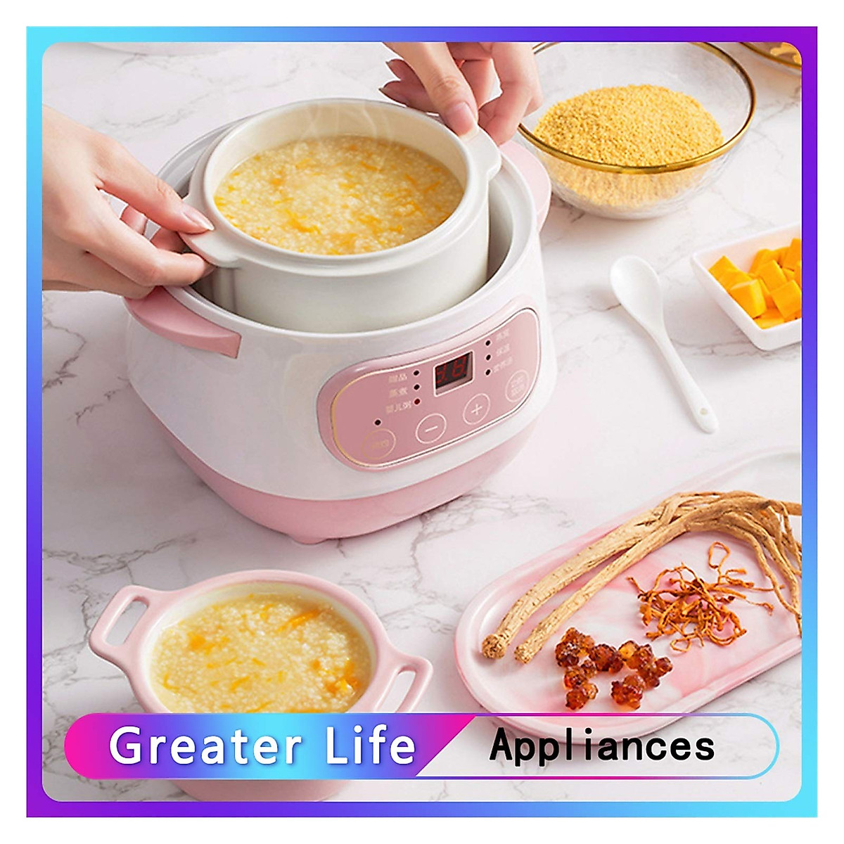 Intelligent Electric Slow Cooker Ceramics Water Stew Pot 200W Smart Reservation+Timing Electric Cooker Stew 1L Household (Color : Pink)