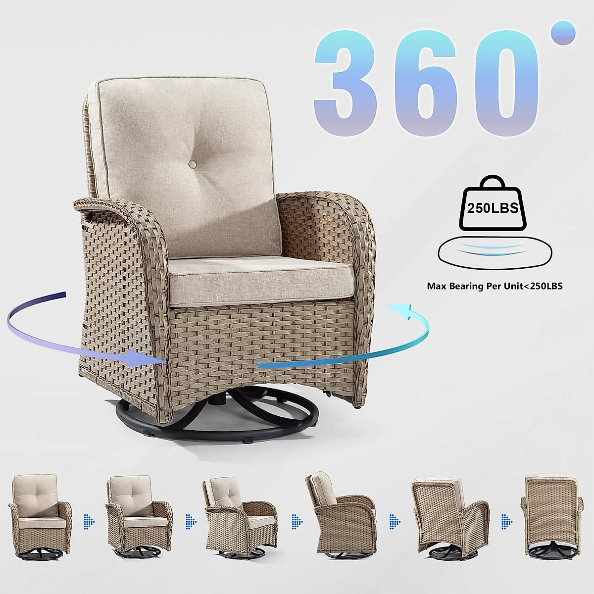 MeetLeisure Patio Swivel Glider Wicker Chairs - Outdoor Swivel Rocking Chairs Set of 4 with 2 Wicker Side Tables, Patio Swivel Rocker Chair 6 Piece Patio Furniture Sets(Natural Color/Beige)