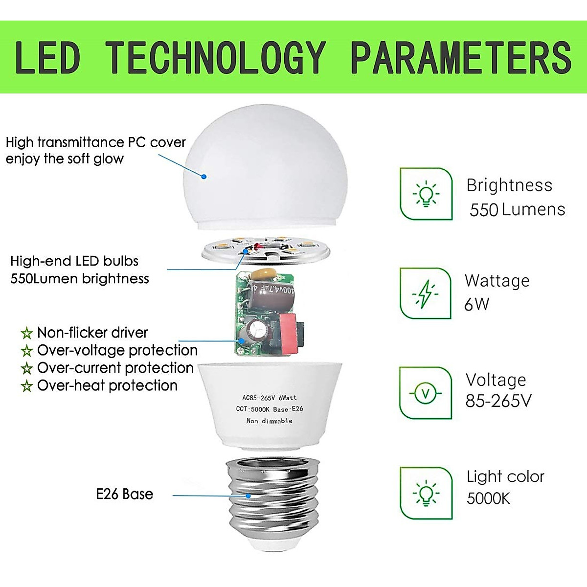 A15 Led Bulb, E26 Base Appliance Light Bulb, 6W(60 Watt Incandescent Equivalent), Ceiling Fan Light Bulbs, 550 LM, Small Lightbulbs, Non-Dimmable, 5000K Daylight, 6 Packs