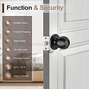 HEI LIANG Fingerprint Door Lock，Smart Door Knob, Smart Lock Biometric Door Lock Fingerprint Door knob with App Control Suitable for Bedroom,Utility Room,Apartments Offices,Hotels(Black)