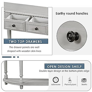 Tidyard Retro Circular Curved Design Console Table with Open Style Shelf Solid Wooden Frame and Legs Two Top Drawers Gray Sofa and Couch End Table for Entryway, Foyer, Living Room, Bedroom Furniture