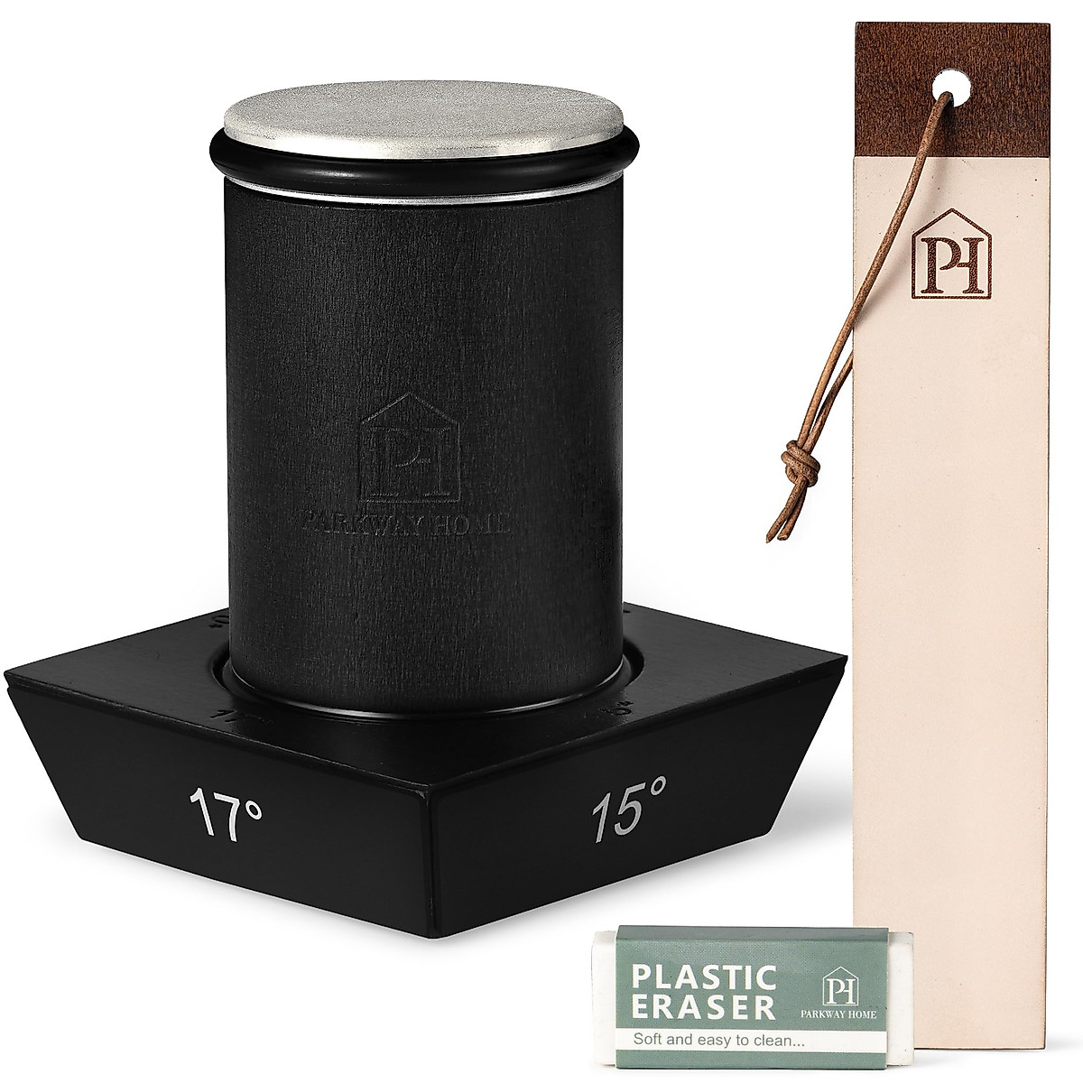 Black Roller Sharpener for Knives with Leather Strop - Knife Sharpener Kit with 15, 17, 20 & 22 Degree Angles - Roller Knife Sharpening System Stand, Holder & Eraser