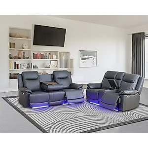 Leather Power Recliner Sofa Set with LED, Power Reclining Living Room Set, Leather Sofa Couch Set with USB Port/Cup Holder/Storage (Leather Sofa and Loveseat, Dark Grey)