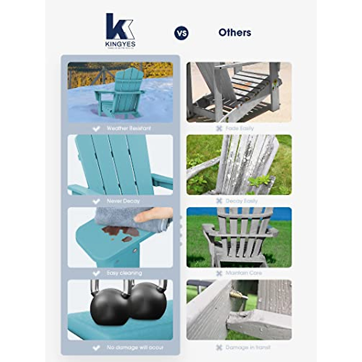 KINGYES Folding Adirondack Chair with Double Layer Side Table 3-Piece Adirondack Chair Set (Including 2 Folding Chairs-Tiffany and 1 Side Table-Tiffany)