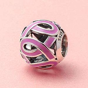 ARTCHARM Pink Ribbon Charm Breast Cancer Awareness Charm Beads Sterling Silver European-style Bead Charm