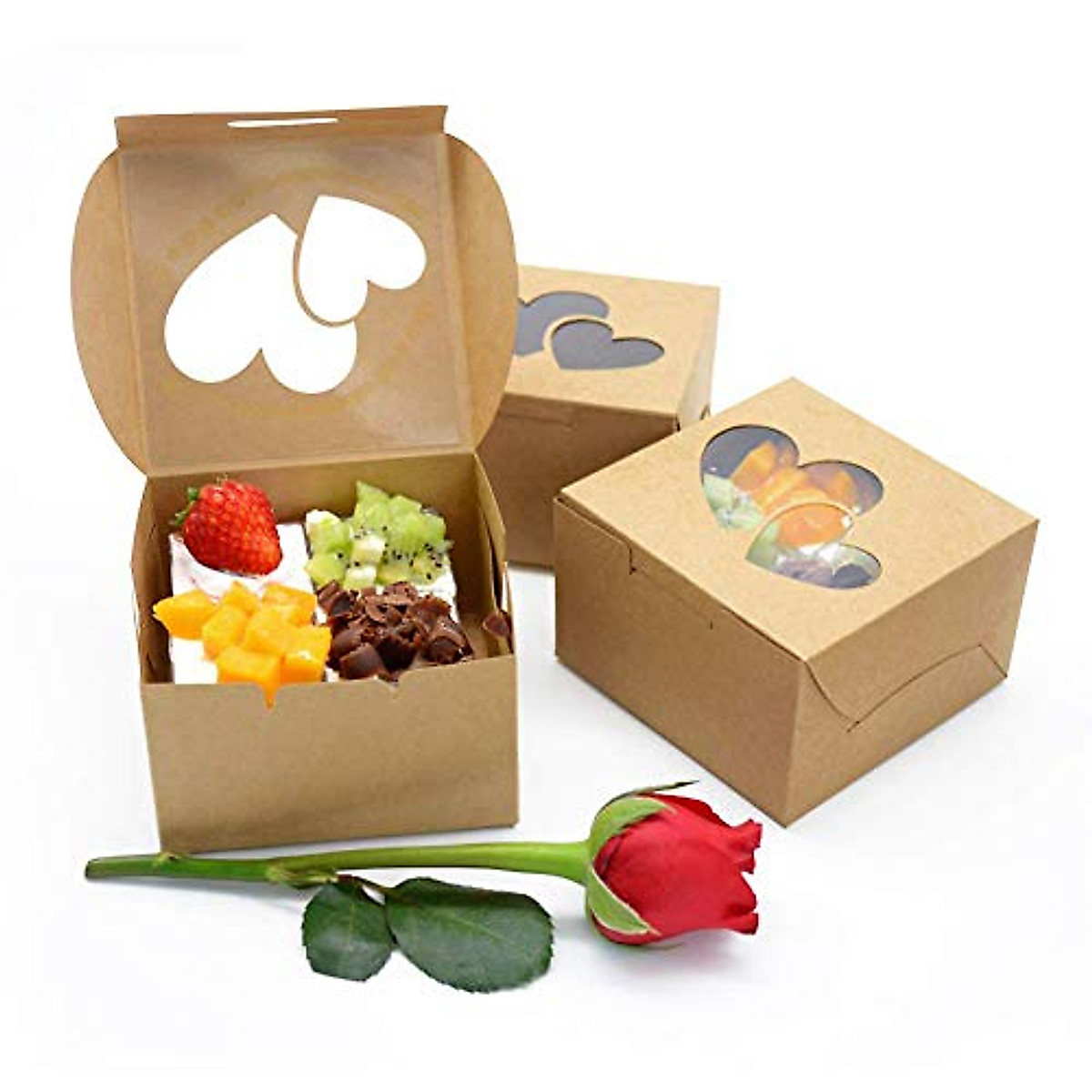 WEEPA Women's Day Bakery Boxes Cookie Boxes 25pcs Kraft Boxes Pie Boxes with Double Heart Window Wedding Gift Packaging Boxes Baby Shower Favor Box for Mini Cakes Pastries Candy Treat 4x4x2.5”