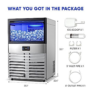 ICEJUNGLE Commercial Ice Maker, 88lbs/24H Ice Machine Self Clean, Stainless Steel Freestanding Ice Machine for Restaurant/Bars/Home/Offices Includes Scoop