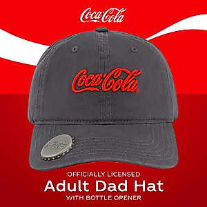 Coca Cola Dad Hat, Logo Cotton Adjustable Baseball Cap with Curved Brim and Bottle Opener, Grey, One Size