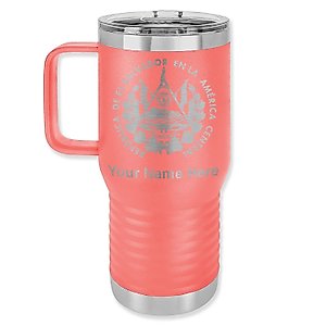 LaserGram 20oz Vacuum Insulated Travel Mug with Handle, Flag of El Salvador, Personalized Engraving Included (Coral)
