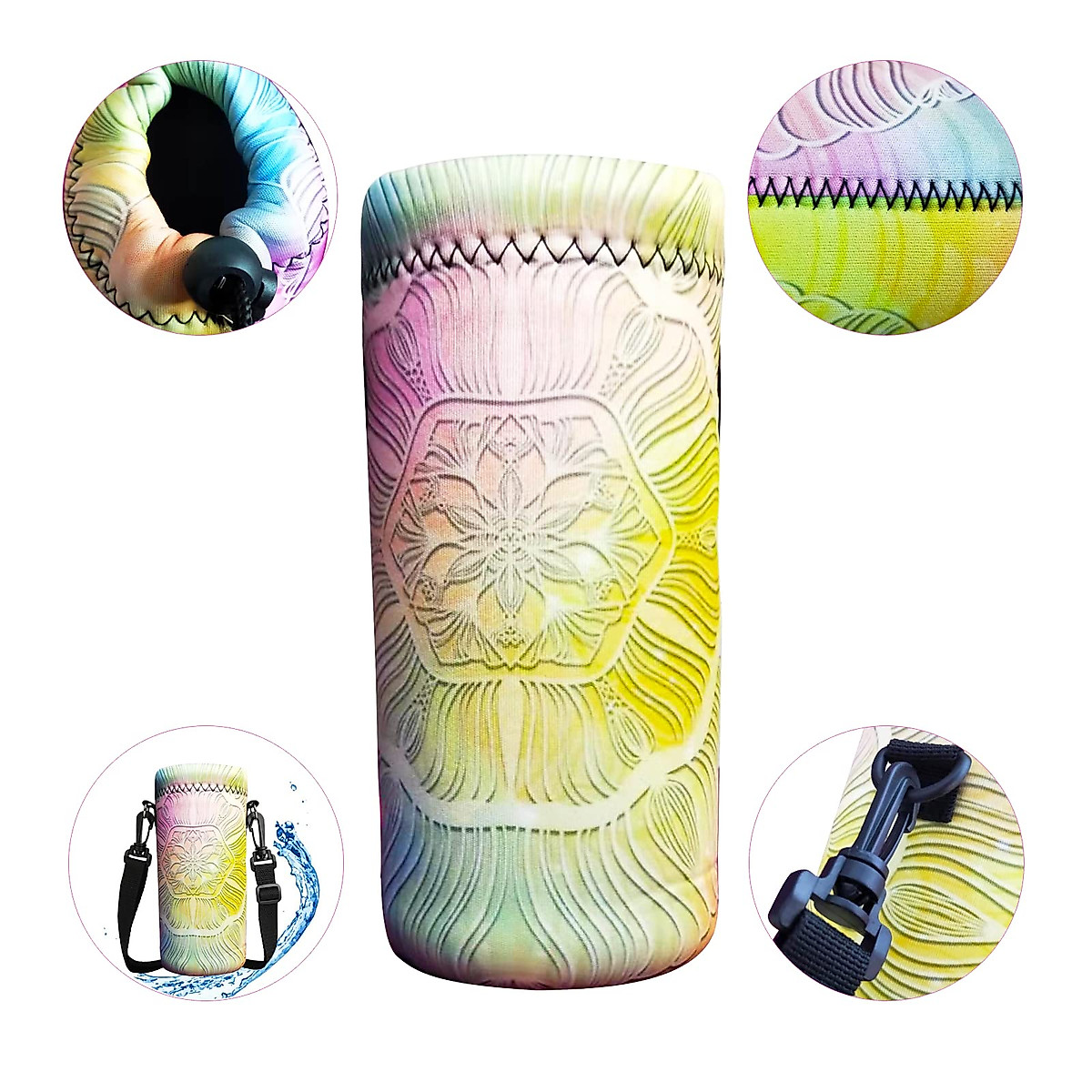 HEABPY Neoprene Water Bottle Carrier ，Water Bottle Strap，Fits 500ml 750ml 1000ml Glass, Plastic, Meta Bottle, Holder with Shoulder Strap,Pouch, Pocket & Carrying Handle (1000ML, Colorful Mandala)