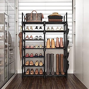 ROJASOP 7-Tier Shoe Rack for Entryway Closet, 25-28 Pairs Tall Garage Shoe Rack for Closet with Side Hooks Large Shoe Rack Storage Organizer Metal Stackable Boot Shoe Rack for Garage, Bedroom