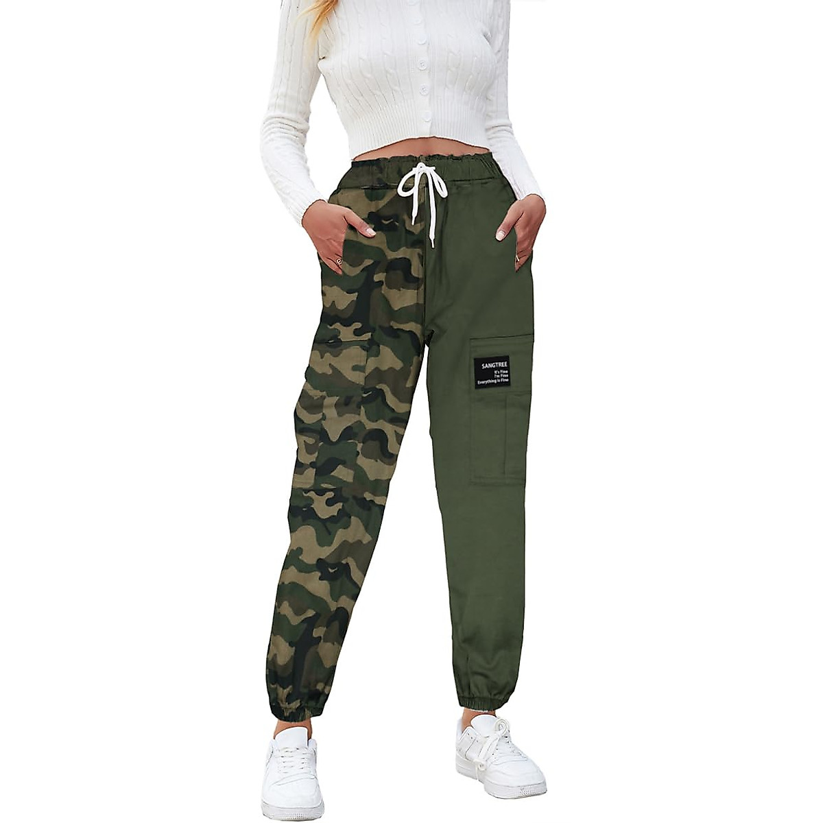 SANGTREE Women's Cargo Pants Elastic Waist Drawstring Tapered Jogger Pants with Pockets for Women,Camo,L