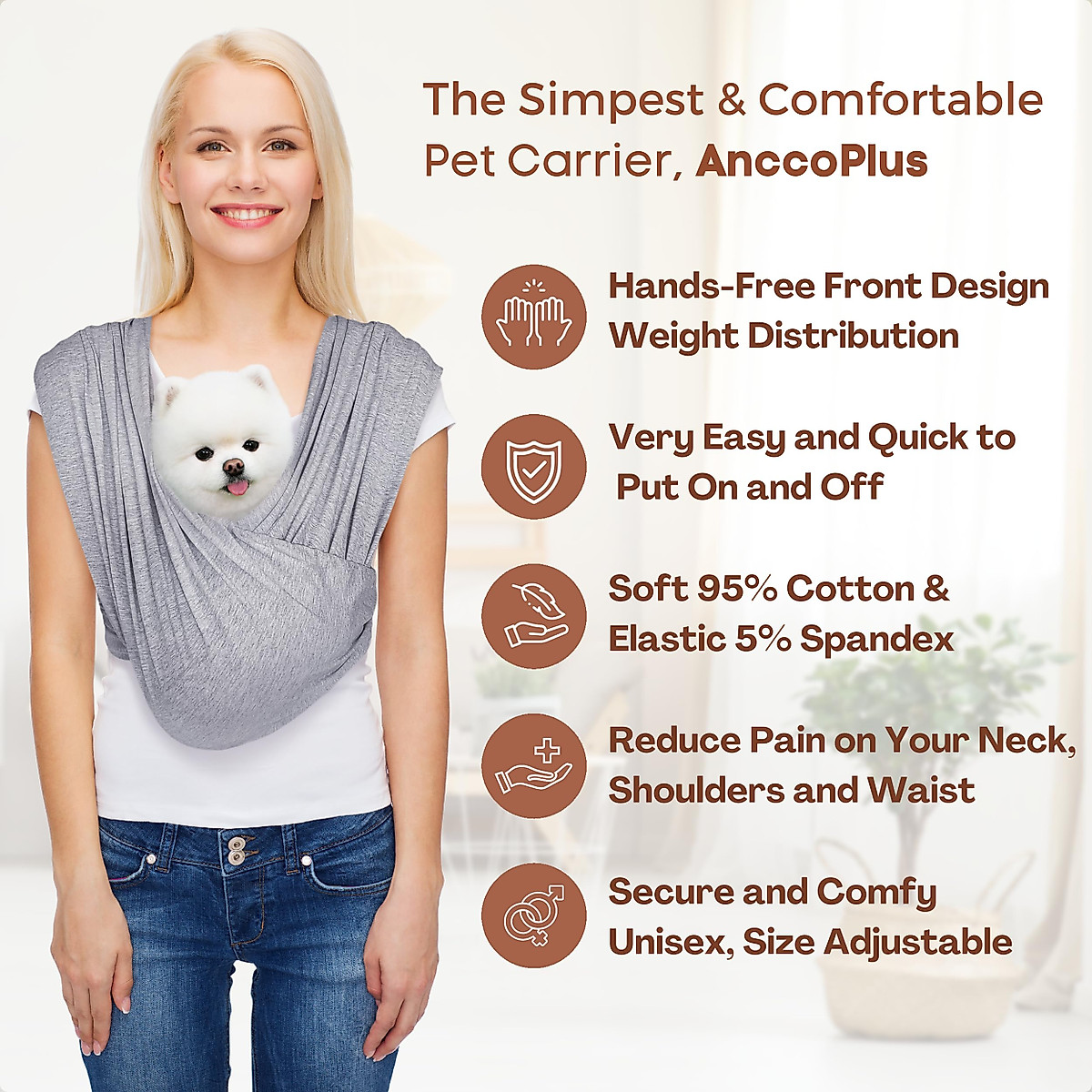 AnccoPlus Dog Carriers for Small Dogs, Front Facing Small Dog Carrier, Hands Free Pet Carrier, Size Adjustable Cat Carriers, Reducing Back Pain, Safe Soft Cotton Cat Sling (Regular, Heather Gray)