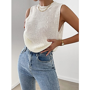 Verdusa Women's Slit Hem Sleeveless Round Neck Knitted Sweater Vest Tank Top White M
