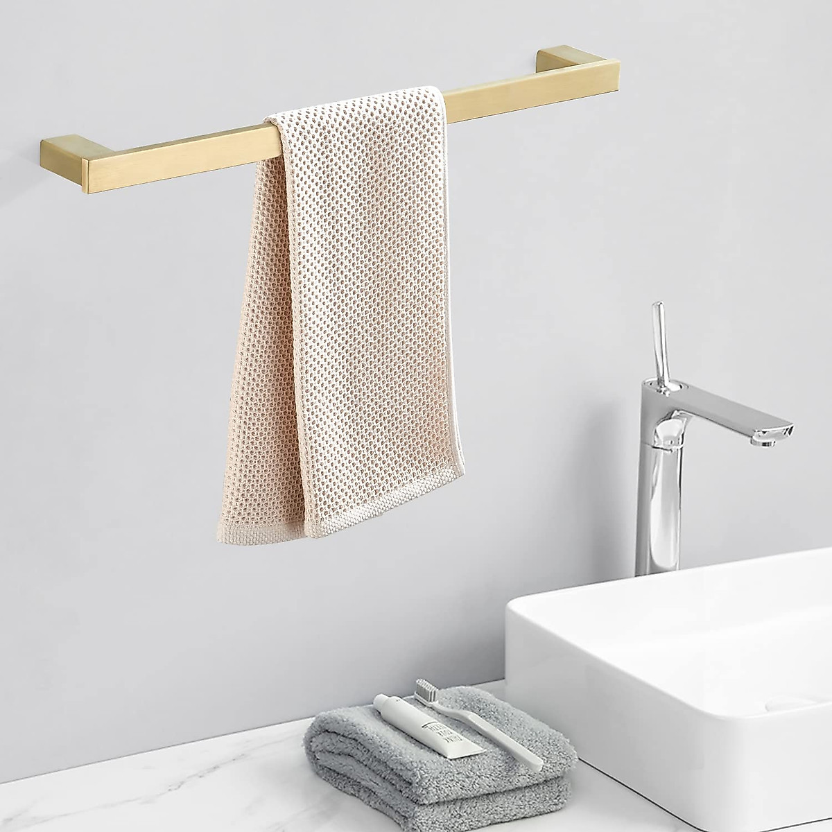 BATHSIR 24 Inch Brushed Gold Towel Bar, Gold Towel Rack Bathroom Towel Holder Square Wall Mounted Stainless Steel