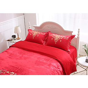 I-MART Queen Size Chinese Traditional Red Sheet Asian Bedding with Dragon and Phoenix Bird Embroidery Duvet Cover Set 4 Pcs