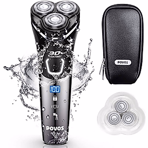 POVOS Electric Razor for Men, Quick Rechargeable Wet and Dry IPX7 Waterproof Electric Shaver,Men’s 3D Rotary Shaving Razor with Pop-up Beard Trimmer,LCD Display, Replacement Blades, and Travel Case