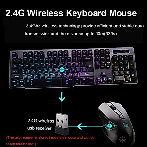 Rechargeable Keyboard and Mouse,Suspended Keycap Mechanical Feel Backlit Gaming Keyboard Mouse Set-Wireless 2.4G Drive Free,Adjustable Breathing Lamp,Anti-ghosting,12 Multimedia Keys (Black-RGB)