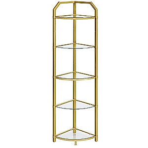 HOOBRO 5-Tier Corner Shelf Stand, Gold Corner Bookshelf, Tempered Glass Shelves, Corner Plant Stand, for Living Room, Bedroom, Study, Bathroom, Balcony, Modern Style, Gold GD14CJ01