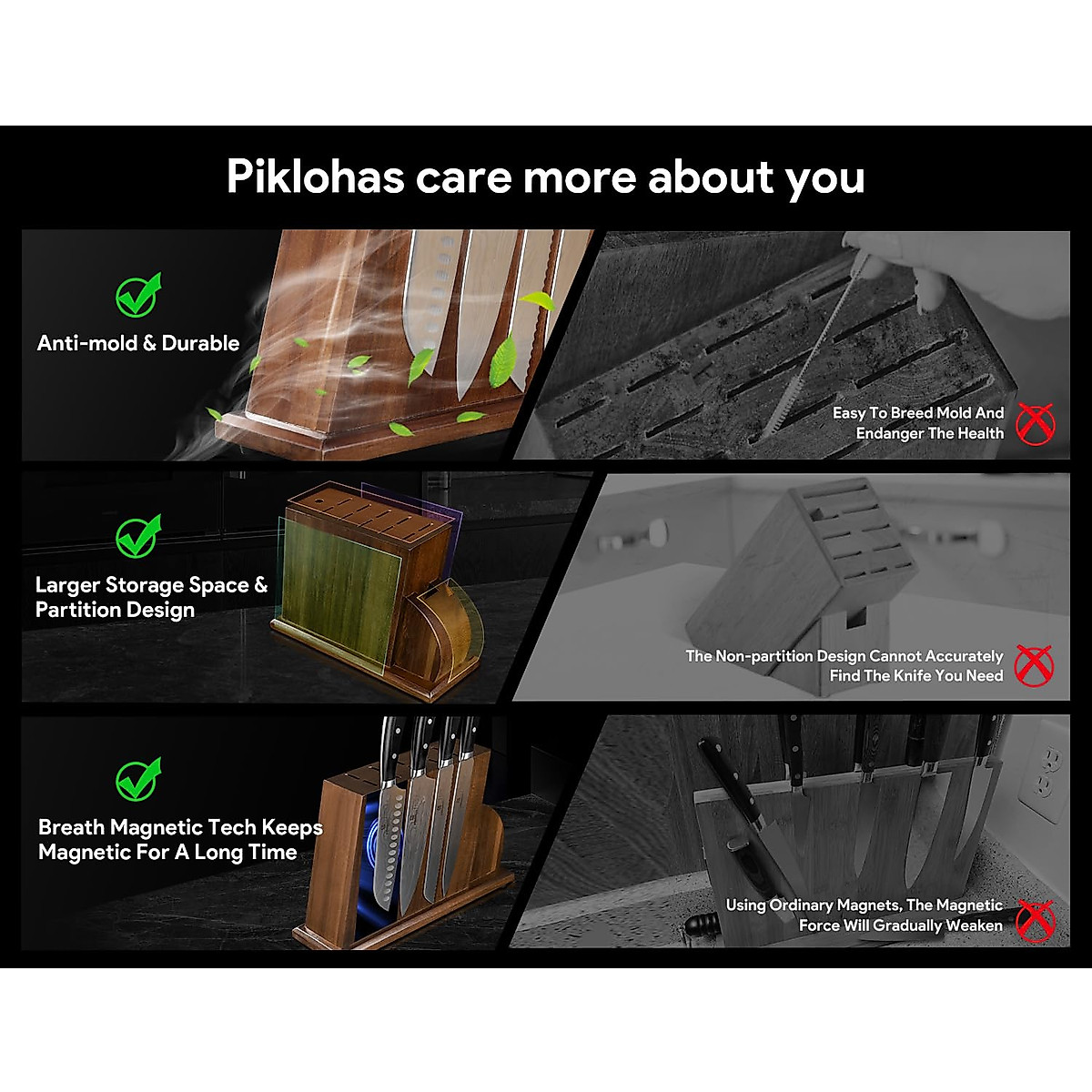 Piklohas Kitchen Knife Sets for Kitchen with Block, 17 Pieces with Magnetic Knife Holder, German High Carbon Stainless Steel Damascus Pattern Chef Knives Set with Sharpener, Steak Knives