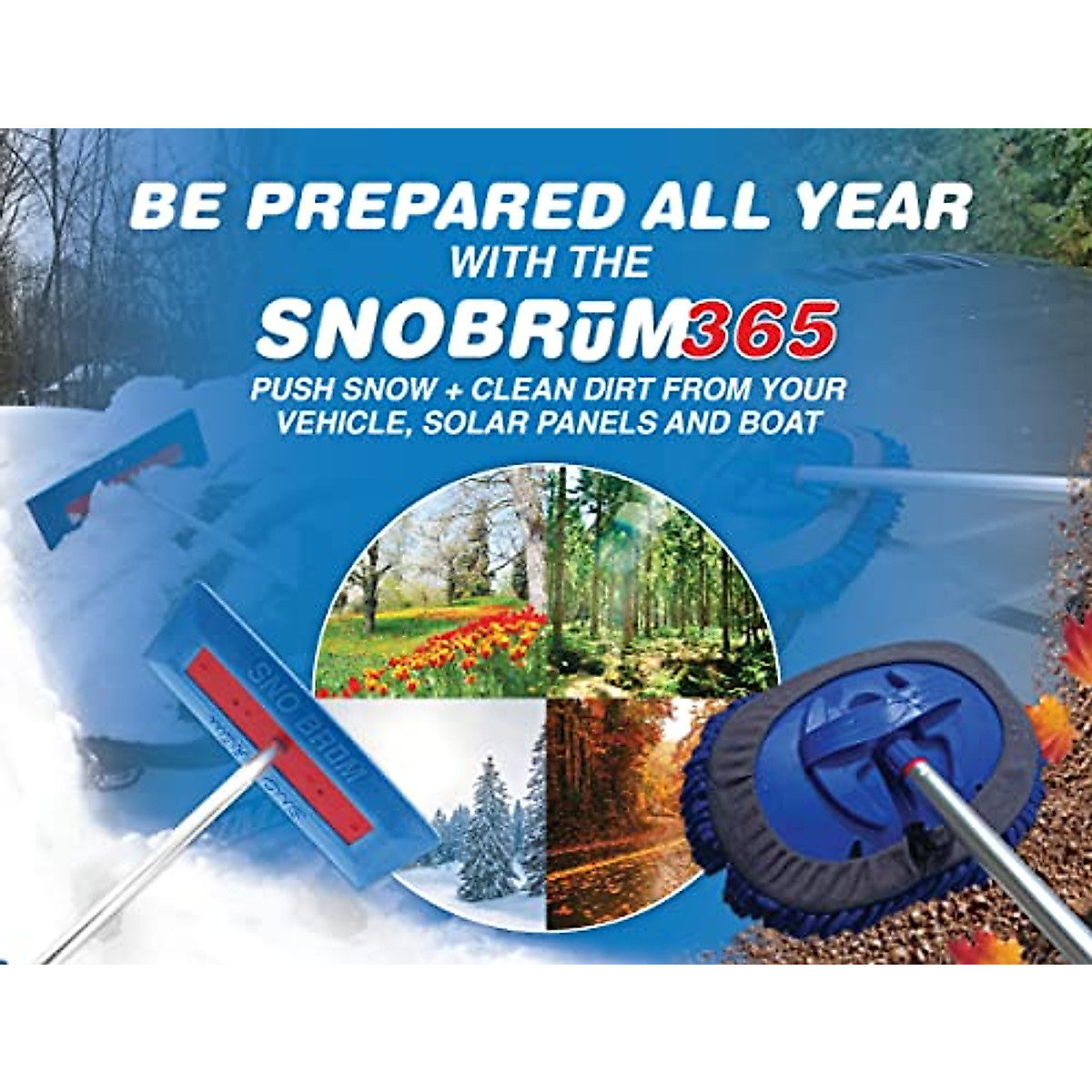 SNOBRUM 365 - Snow Remover for Cars and Trucks with Microfiber Mop Head for Cleaning - 2-in-1 Snow and Car Cleaning Brush for Year Round Use - 28 to 63 Inch Automotive Brush with Foam and Mop Head