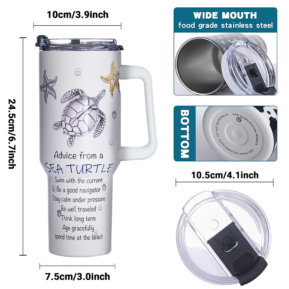 Gome 40 oz Sea Turtle Tumbler with Handle - Insulated Stainless Steel Ocean-Themed Cup with Lid and Straw - Keeps Drinks Cold and Hot,Birthday Gifts for Women - Hand Wash Only