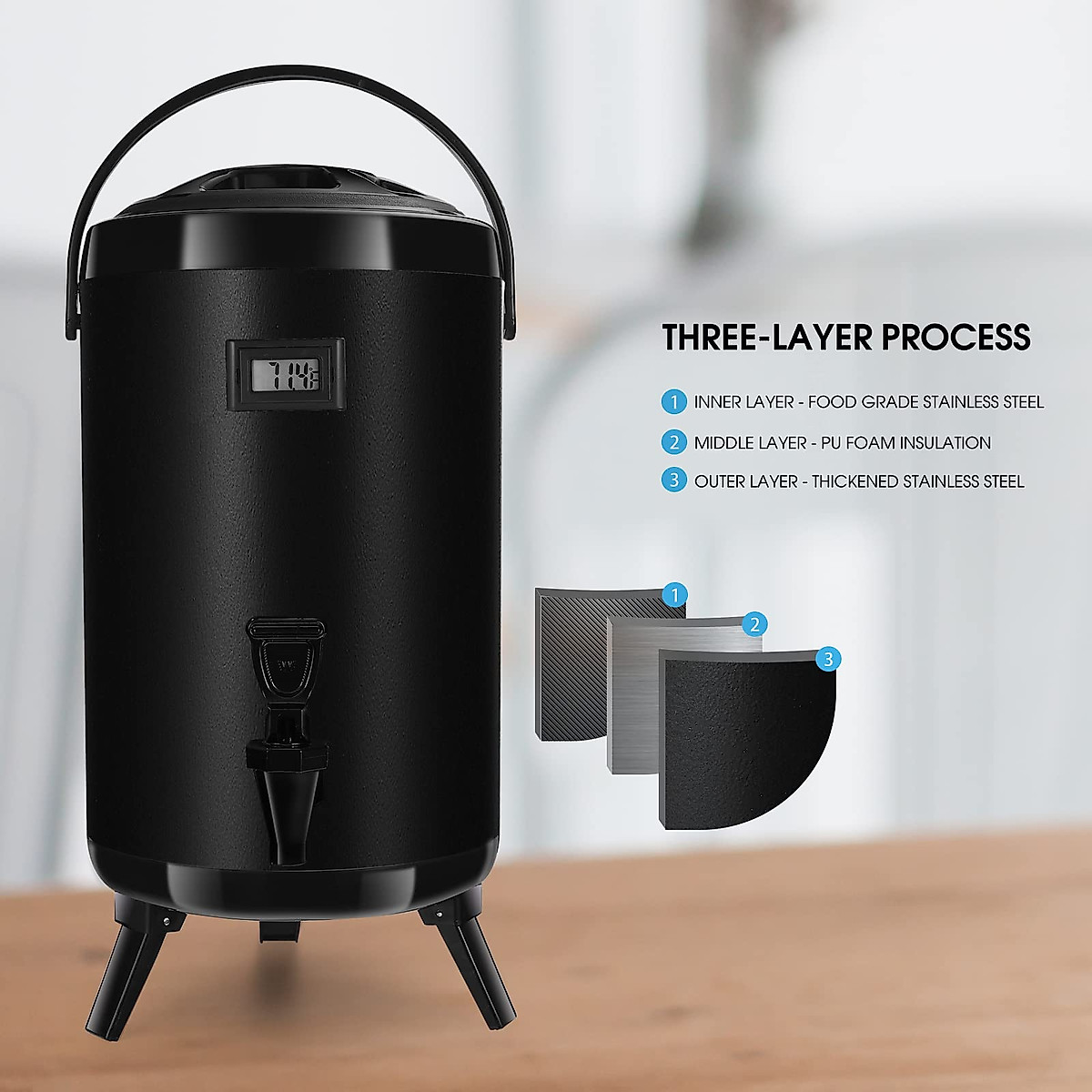 VorChef Hot Beverage Dispenser, Stainless Steel Insulated Beverage Dispenser Cold and Hot Drink dispenser with Thermometer–3.2-Gallons 12 Liters Water Dispenser with Spigot for Tea & Coffee, Water