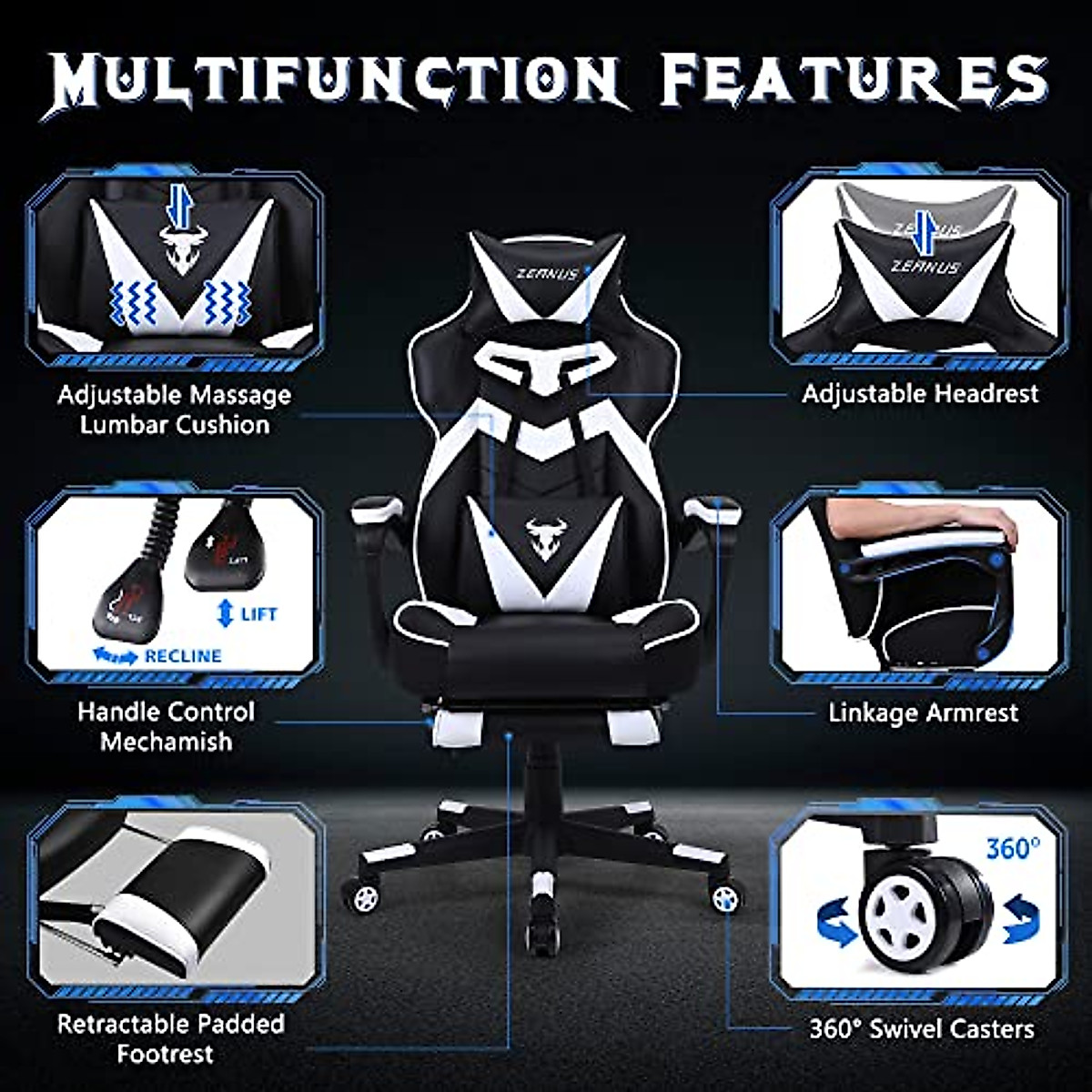 Zeanus Ergonomic Gaming Computer Chair, Recliner Computer Chair with Footrest, Office Gamer Chair with Massage, Big and Tall Racing Chair, Gaming Chairs for Adults, High Back Gaming Desk Chair White