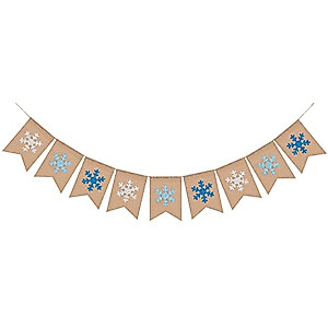 AnyDesign Christmas Snowflake Burlap Banner Glitter Winter Banner Blue White Snowflake Printed Bunting Garland Xmas Holiday Hanging Decoration No DIY Required for Christmas Winter Home Party Supplies
