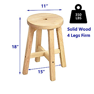 Lestar Round Wooden Stool, Solid Wood 18 Inch Stool, Small Wooden Shoe Changing Stool, Solid Wood Vanity Stool Plant Stool 350 lbs Capacity