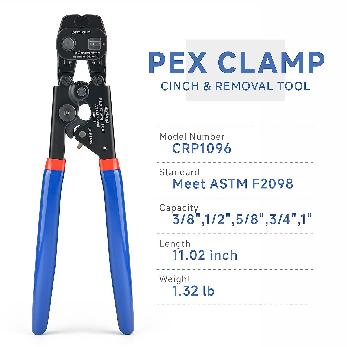 iCRIMP Ratchet PEX Cinch Tool with Removing function for 3/8 to 1-inch Stainless Steel Clamps with 20PCS 1/2-inch and 10PCS 3/4-inch PEX Clamps and Pipe Cutter- All in One