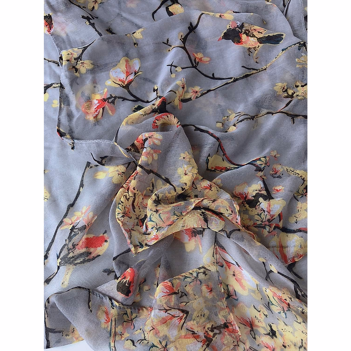 GERINLY Floral Birds Work Scarves for Womens Lightweight Cotton Shawls and Wraps Soft Thin Neckwear Head Scarf (Grey)