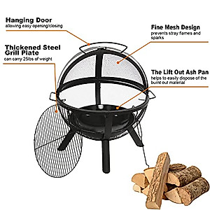 Catalina Creations Heavy Duty Round Fire Pit with Removable BBQ Grill and Mesh Spark Screen Outdoor Wood Burning Firepit Steel Firepit Bowl for Garden Bonfire Camping Picnic - Black