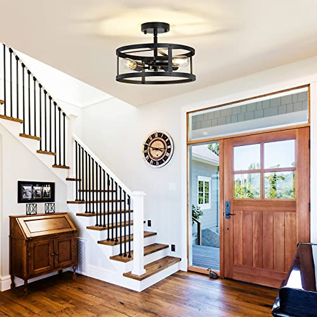 XPEHK 3-Light Semi Flush Mount Ceiling Light,Farmhouse Flush Mount Light Fixture,Industrial Ceiling Light Black Metal Cage Ceiling Lighting for Kitchen Foyer Hallway Entryway 2 Pack