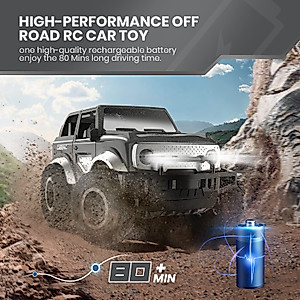 DEERC Remote Control Jeep Car with Realistic Headlight & Taillight, 160 Mins Play SUV Vehicle with Spare Tire, 2.4Ghz 1:18 All-Terrain Monster Trucks for Boys, Off-Road RC Trucks Gift for Kids