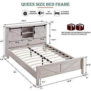 RedLemon Farmhouse Queen Size Bed Frame with Bookcase Headboard, Sliding Barn Door, Storage Cabinet, Charging Station, Wood Slats Support, No Box Spring Needed, Antique Brush White