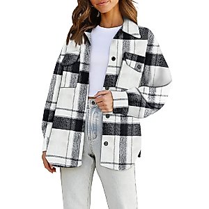 AUTOMET Womens Fall Outfits Fashion Clothes Shackets Flannel Plaid Button Down Long Sleeve Shirts Jackets Blackwhite L