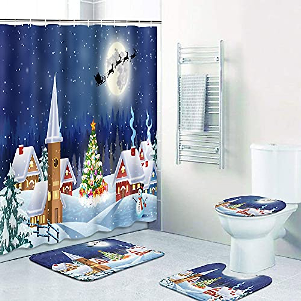 ArtSocket 4 Pcs Shower Curtain Set House Snowy Christmas Landscape Night with Non-Slip Rugs Toilet Lid Cover and Bath Mat Bathroom Decor Set 72" x 72"