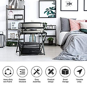 GOFLAME Folding Luggage Rack Metal Suitcase Luggage Stand for Home Bedroom Hotel with Shelf, Black