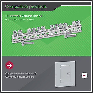 Square D by Schneider Electric PK12GTACP Square D Ground Bar Kits, Aluminum, 12 Terminals, Pack of 1, Metallic