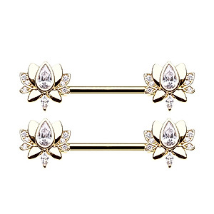 14GA Stainless Steel CZ Crystal Blooming Lotus Flower Nipple Barbells, Sold as a Pair (Gold Tone)