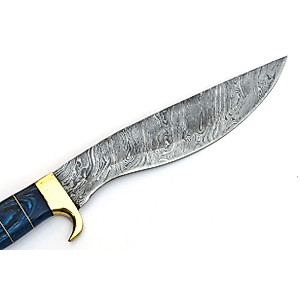 Skokie Knives Custom Hand Made Damascus Steel Hunting Knife Handle Blue Pakka Wood Brass Spacer
