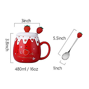 Mozacona Ceramic Mug Strawberry Love Coffee Cup Water Cup with Strawberry Lid and Spoon