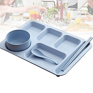 Cabilock Portion Control Plate Compartment Food Tray Set Divided Dinner Plate with Bowl Utensil Wheat Straw Separate Dinner Dish Restaurant Home Serving Food Plate Blue Plates Divided