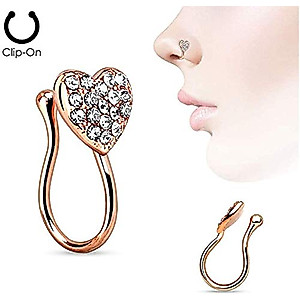 Beetoo Heart with Gems Fake Clip On Nose Ring, Jewelry Piercing Clip On Earrings Faux Nose Ring Hoop